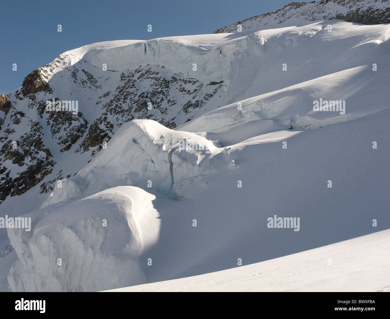 Ice cliffs and crevasses on the Glacier de Gietro below Mont Blanc de ...
