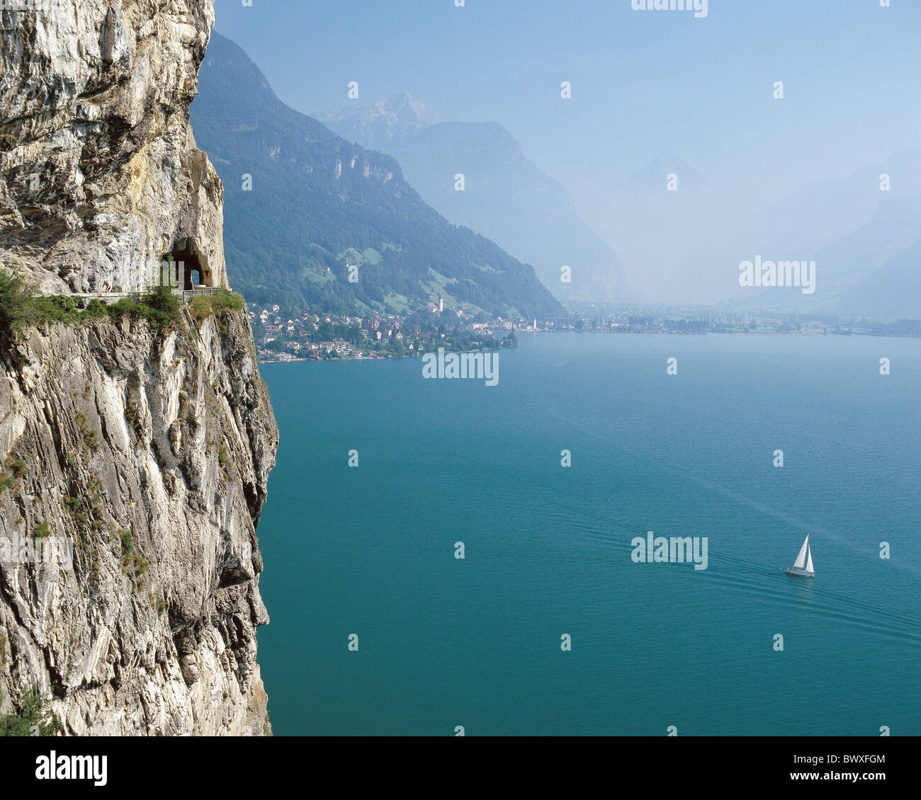 Switzerland Europe canton Uri Fluelen remote panorama lake Uri lake sea ...