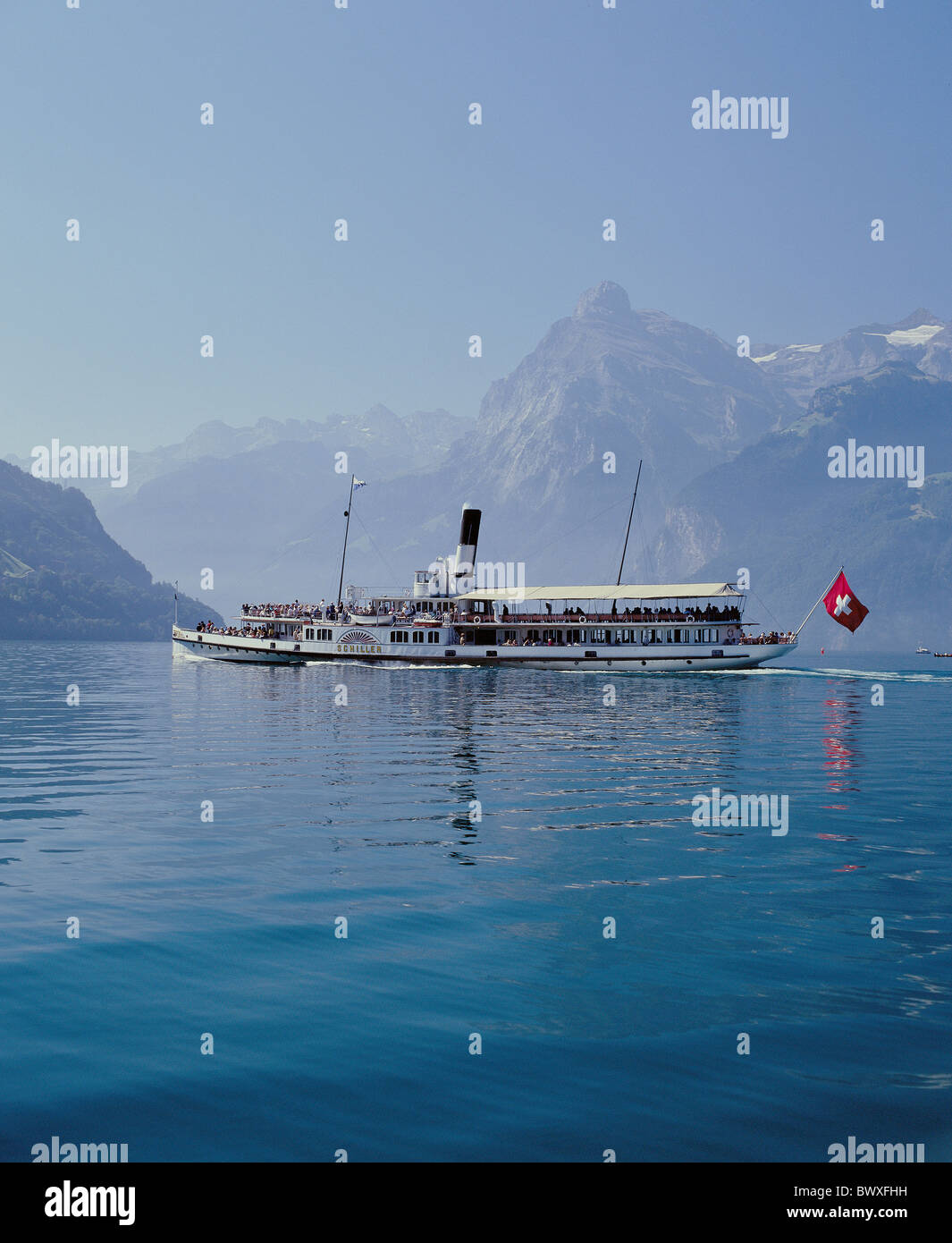 ship paddle steamer Switzerland Europe shimmer lake Uri lake sea ...