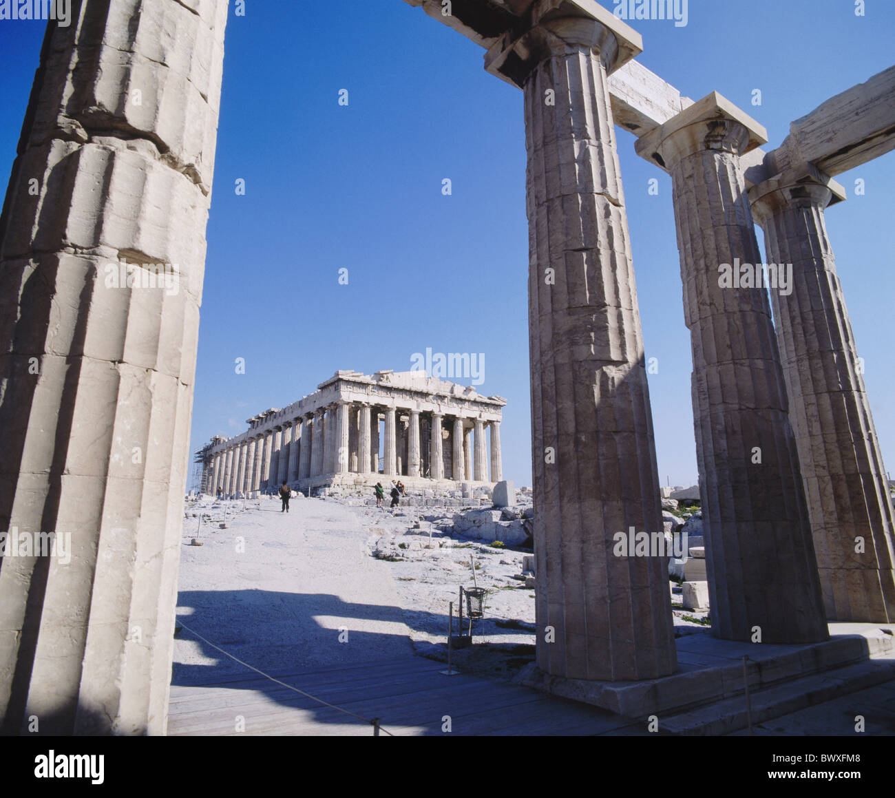Acropolis Athens Greece Partenon column gallery in front ahead Stock ...