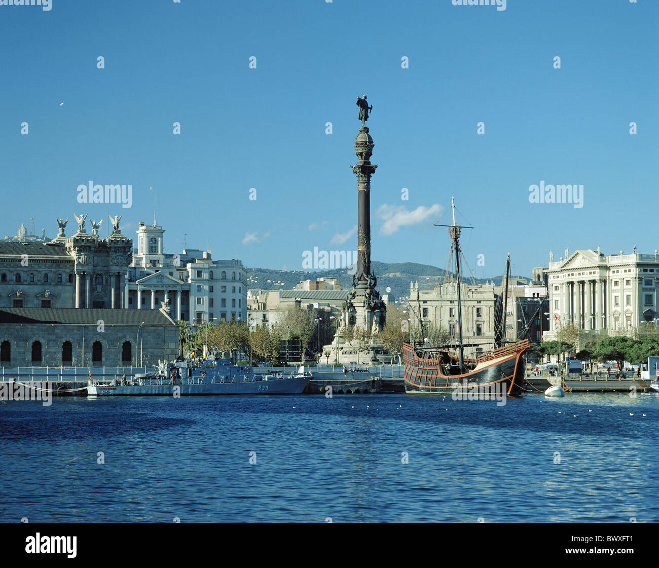 Barcelona monument harbour port historical Santa Maria column ship ...