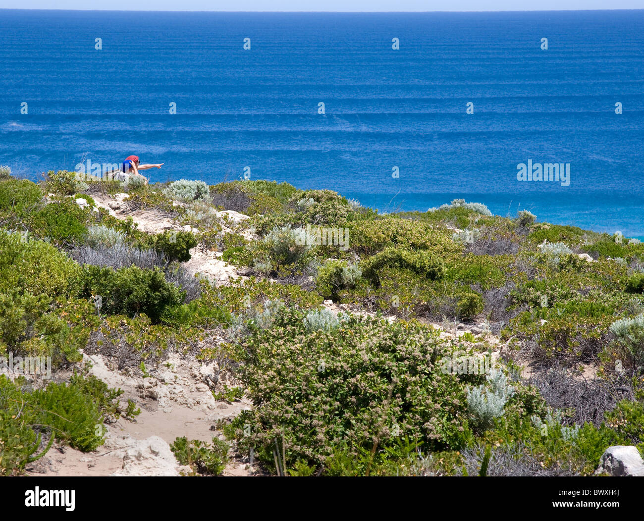 Two young women whale watching over the Indian Ocean from the headland ...