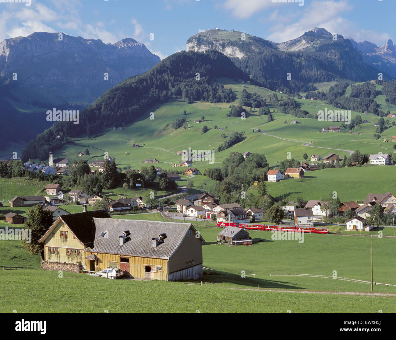Switzerland Europe Appenzell Weissbad overview village railway meadows ...