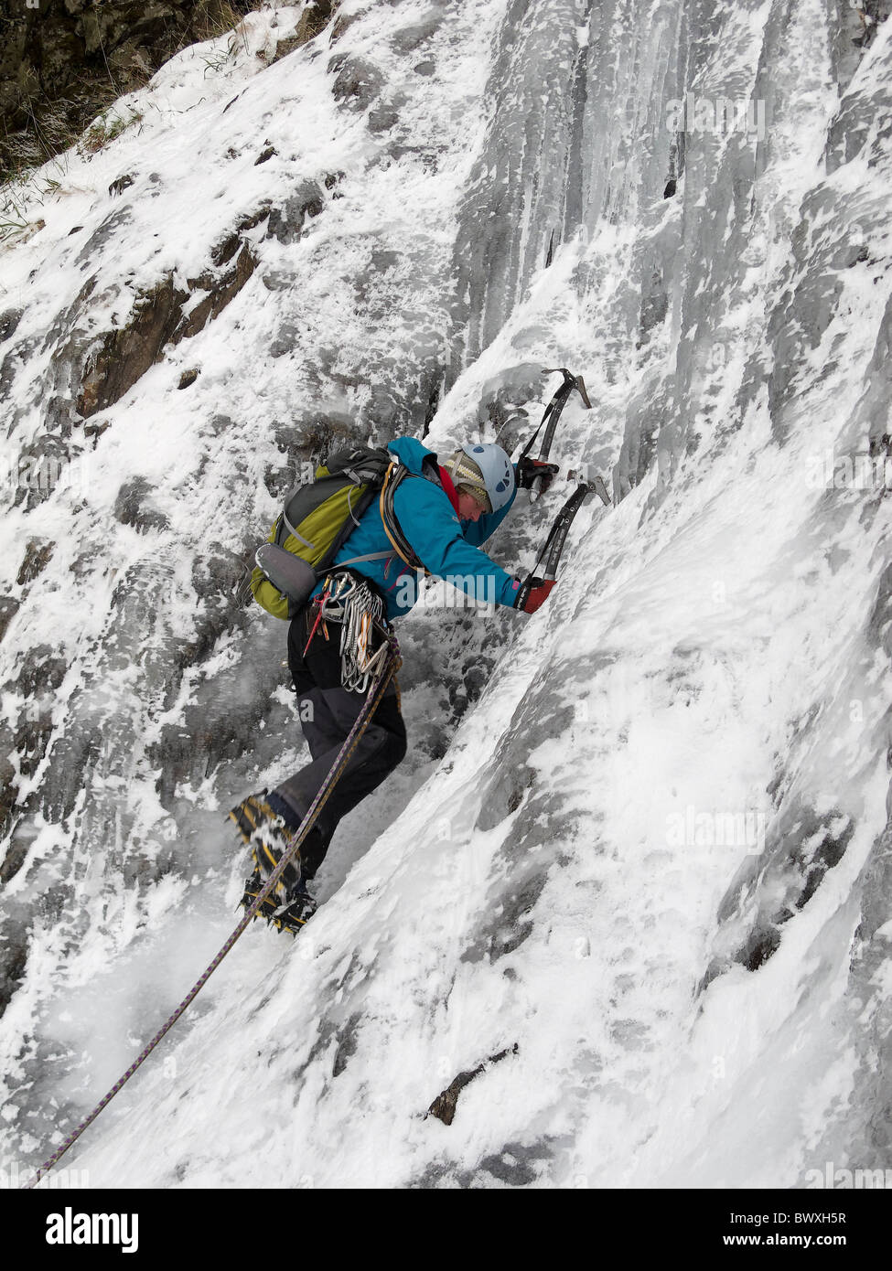 Winter climbing on the classic South Gully, Cwm Idwal, Snowdonia Stock ...