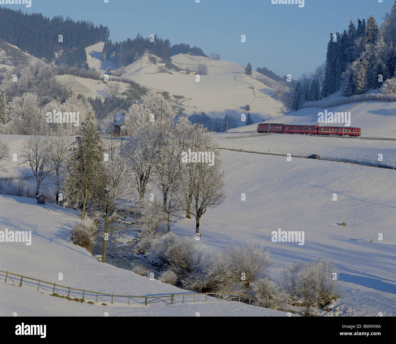 Switzerland Europe Appenzell winter scenery brook Appenzellerbahn ...