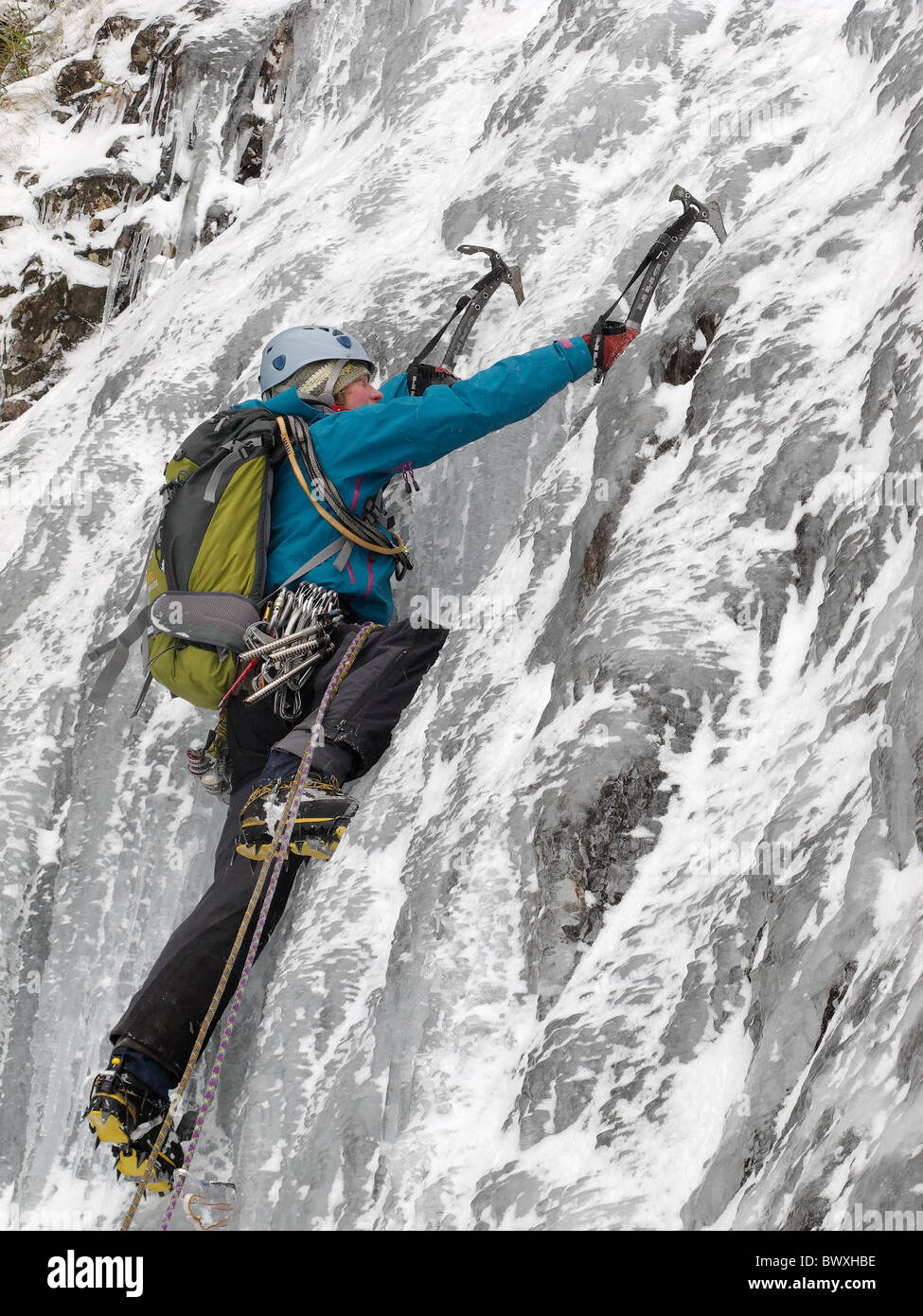 Winter climbing on the classic South Gully, Cwm Idwal, Snowdonia Stock ...