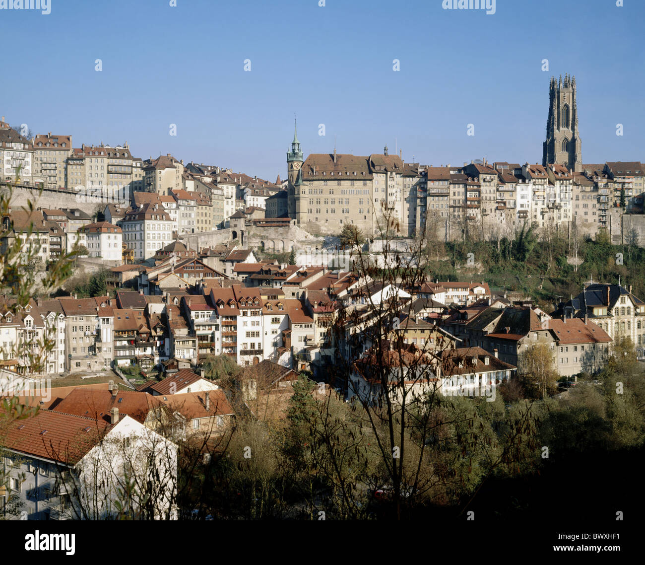 Freiburg Fribourg cathedral Switzerland Europe town overview Stock ...