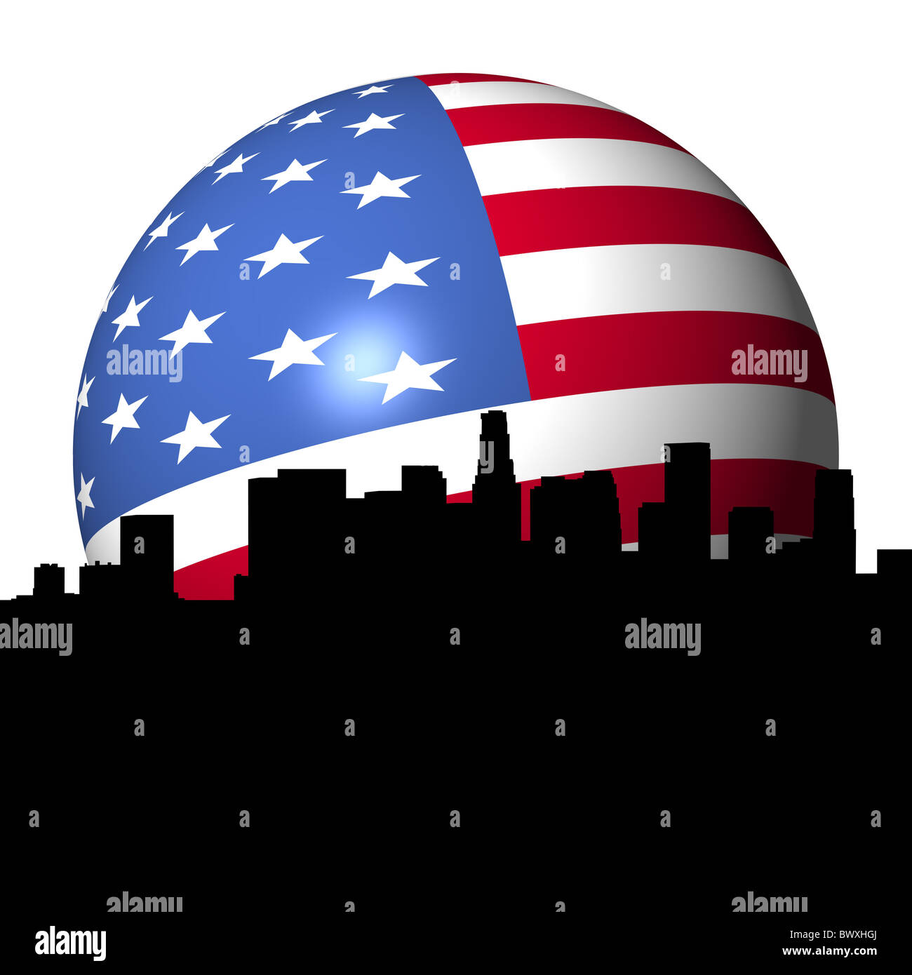 Los Angeles skyline with American flag sphere illustration Stock Photo ...