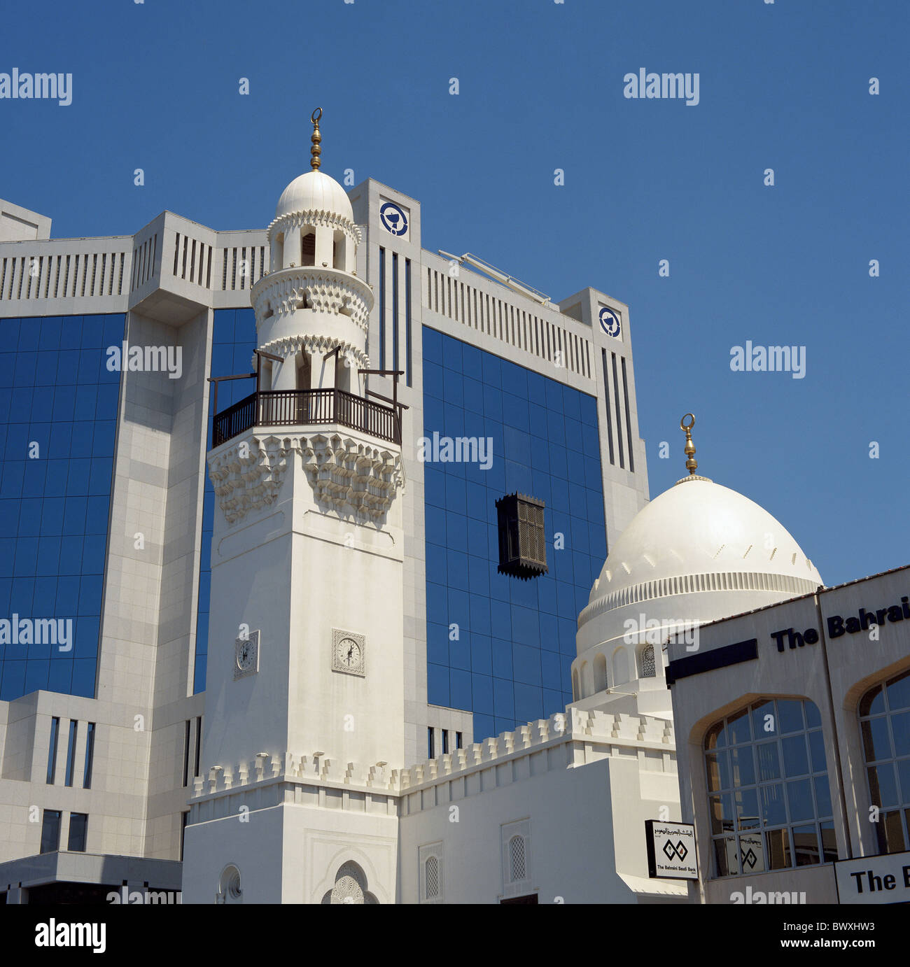 Bahrein building construction glass facade dome Manama minaret mosque ...