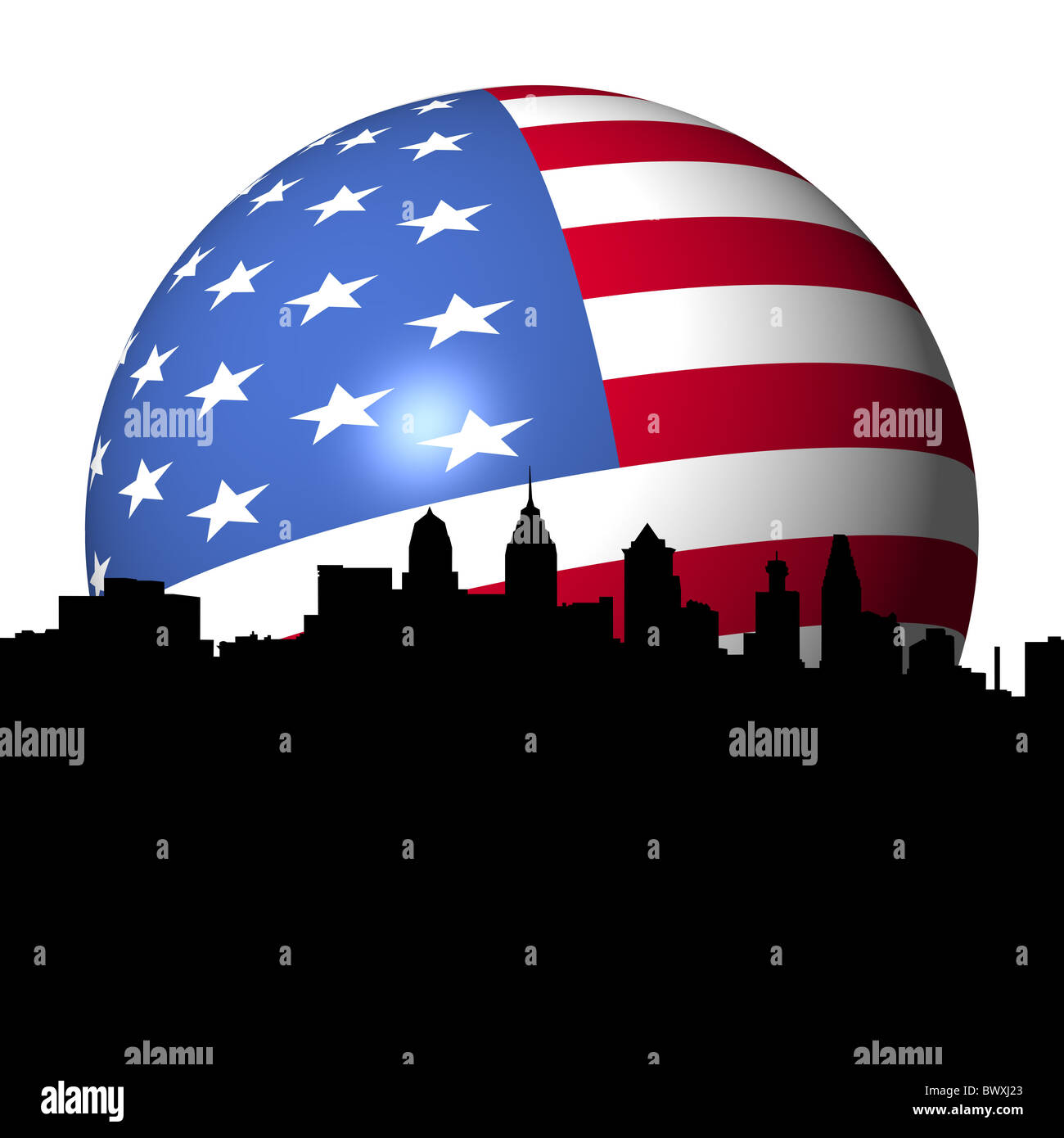 Philadelphia skyline with American flag sphere illustration Stock Photo ...