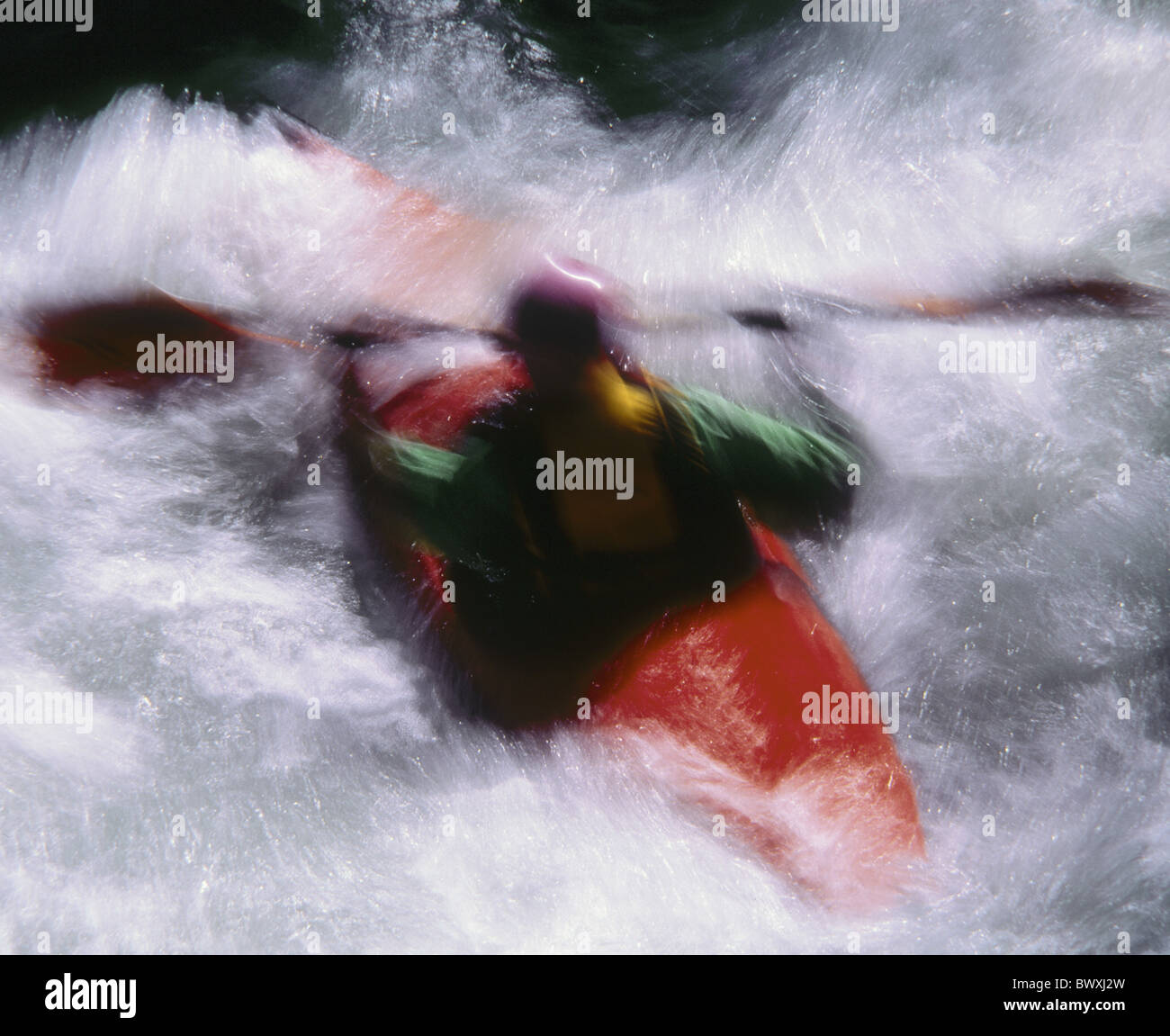 kayak water sport sport action man back view water foam blurred Stock ...