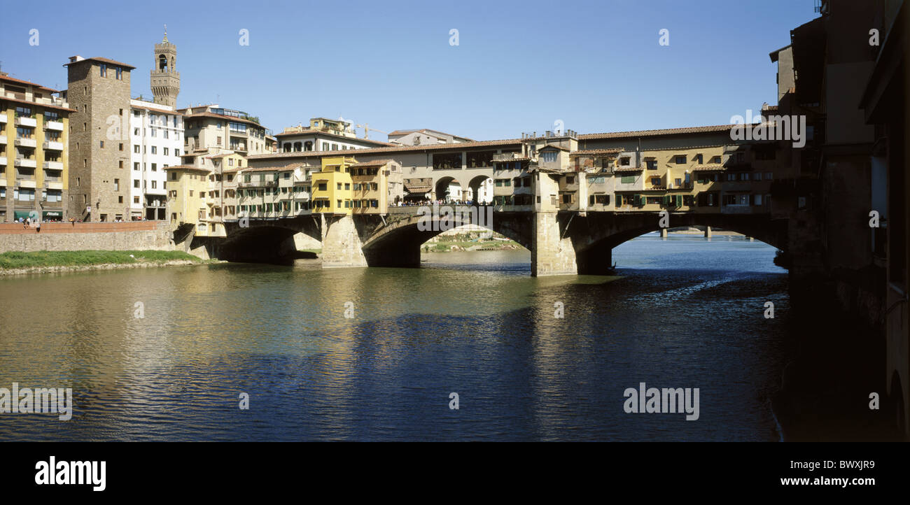 Arno bridge facades Florence river flow houses homes Italy Europe Ponte ...