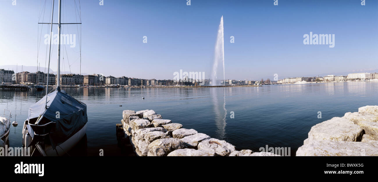 boat dusk twilight Geneva harbour wall jet d'Eau fountains Switzerland ...