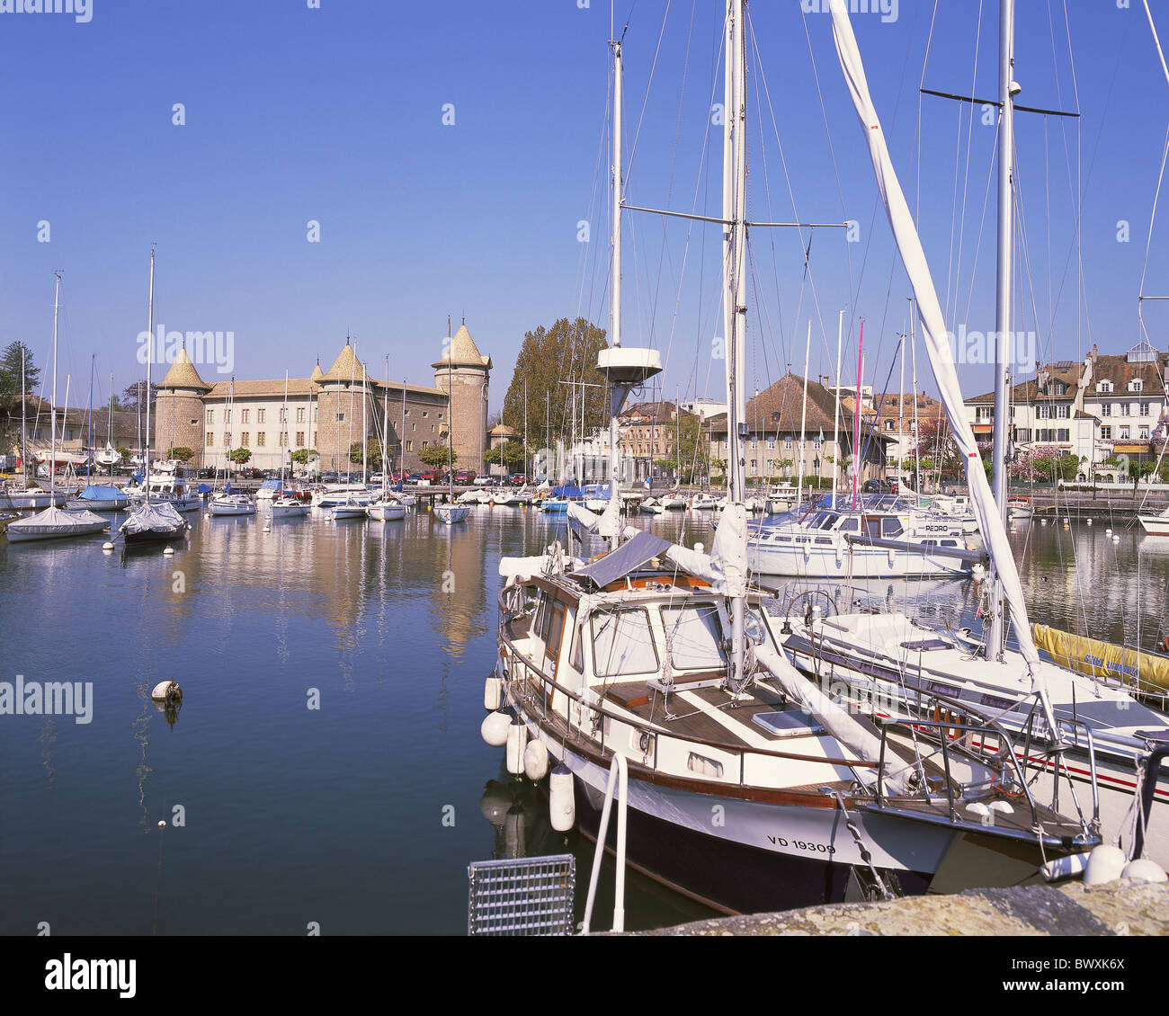 Switzerland Europe Vaud Morges castle harbour port sail boats Stock ...