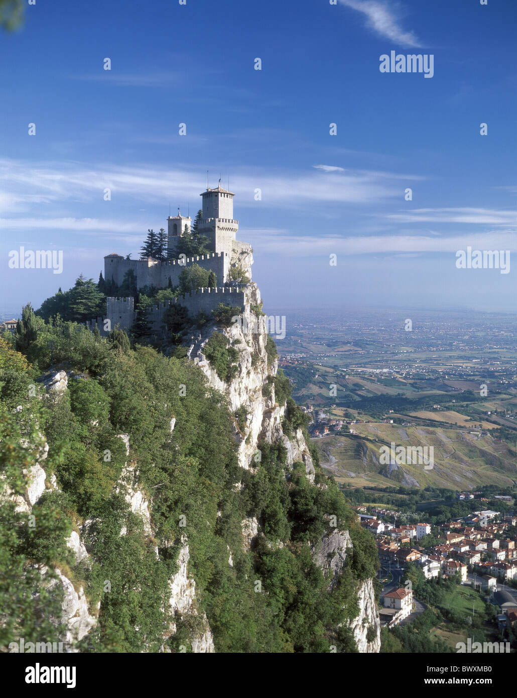 view castle villages plain cliff Guaita Castle San Marino precipitously ...