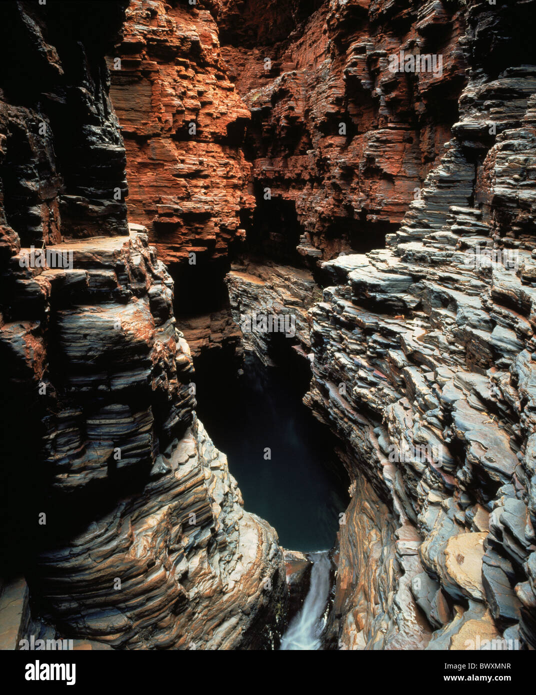 Australia scenery rock cliff river flow rock strata Hancock Gorge ...