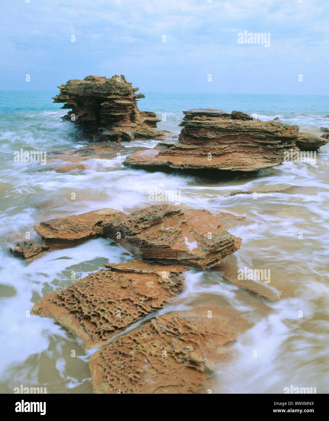 Australia scenery surf waves Broome rock cliff coast sea layers shifts ...