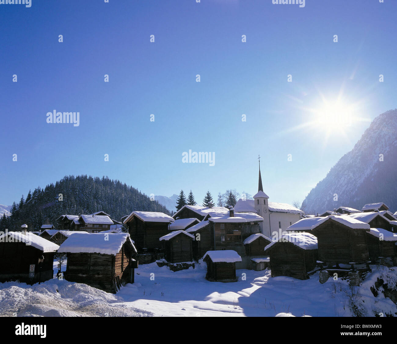 Blatten Belalp village view Switzerland Europe sun beaming Valais ...