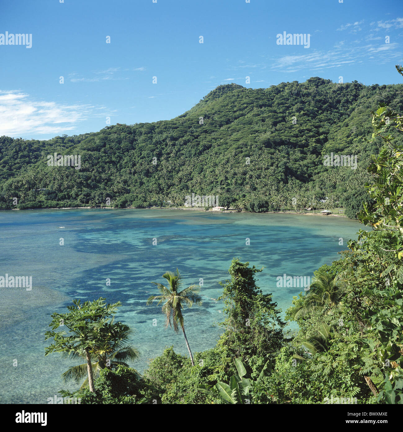 wood forest hill bay Fagaitua houses homes corals sea Samoa islands ...