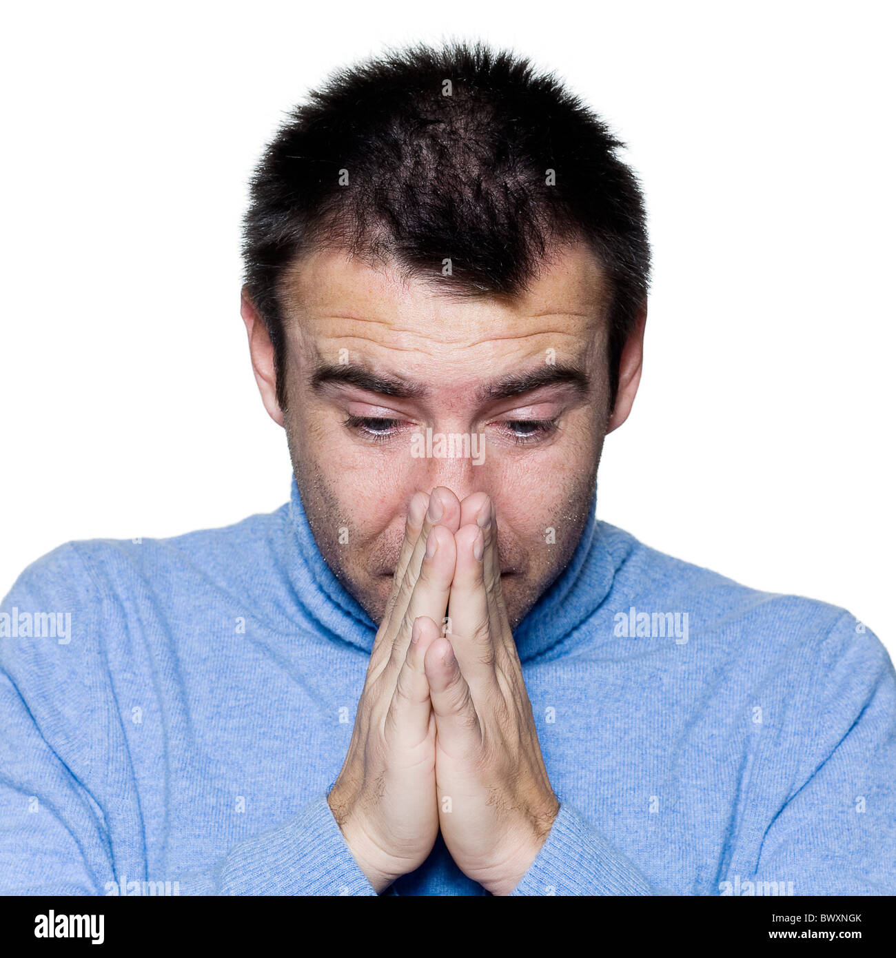 expressive portrait on isolated background of a stubble man cold flu ...