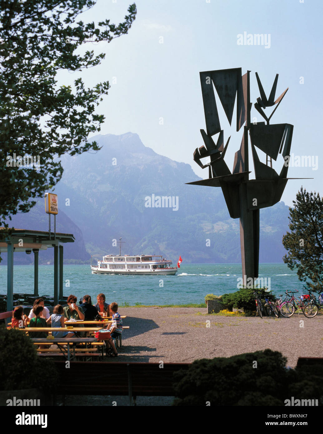 Fluelen restaurant inn lake sea modern iron sculpture ship Winkelried ...