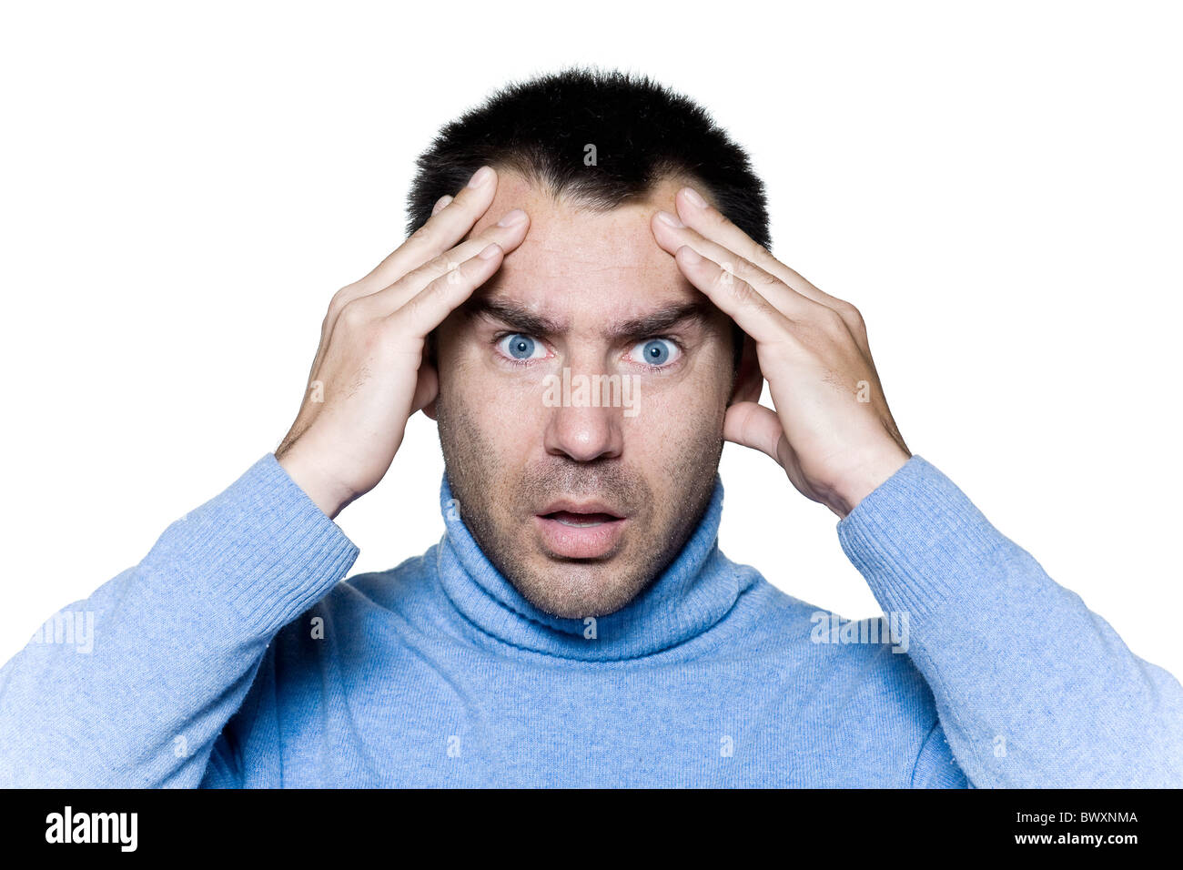 expressive portrait on isolated background of a stubble man stun ...