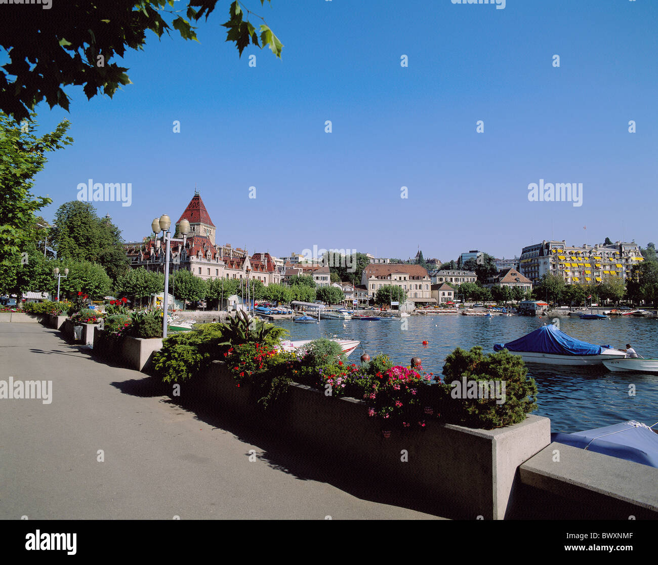 Switzerland Europe Vaud Lausanne harbour port Ouchy tower rook Stock ...