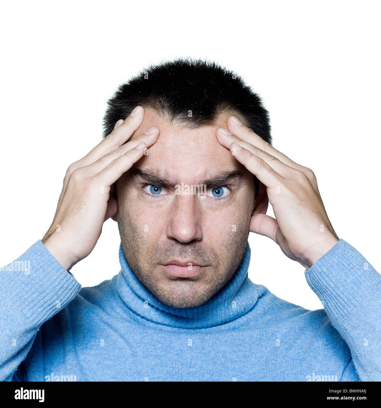 expressive portrait on isolated background of a stubble man headache ...