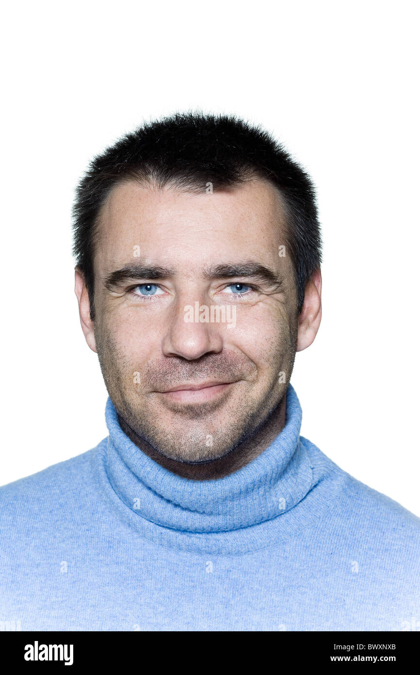 expressive portrait on isolated background of a stubble man smiling ...