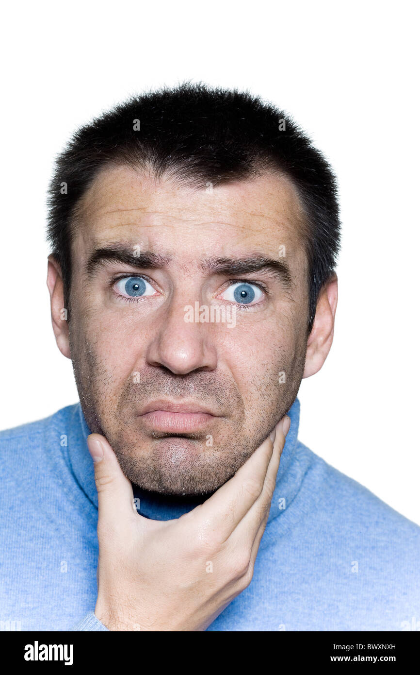expressive portrait on isolated background of a stubble man stress ...