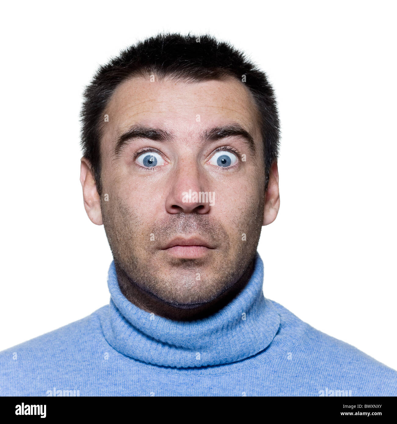 expressive portrait on isolated background of a stubble man stun ...