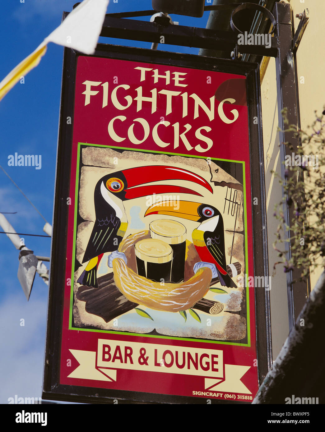 Ireland Europe pub Birr sign shield Fighting Cocks Stock Photo - Alamy