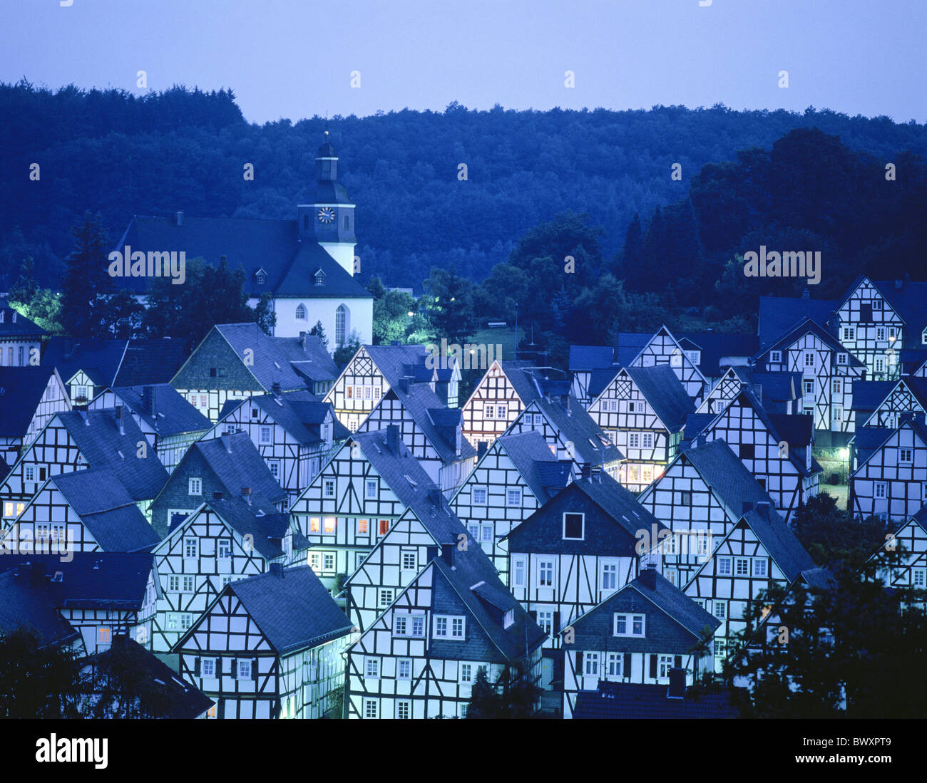 blue filter Germany Europe village overview half-timbered houses church ...