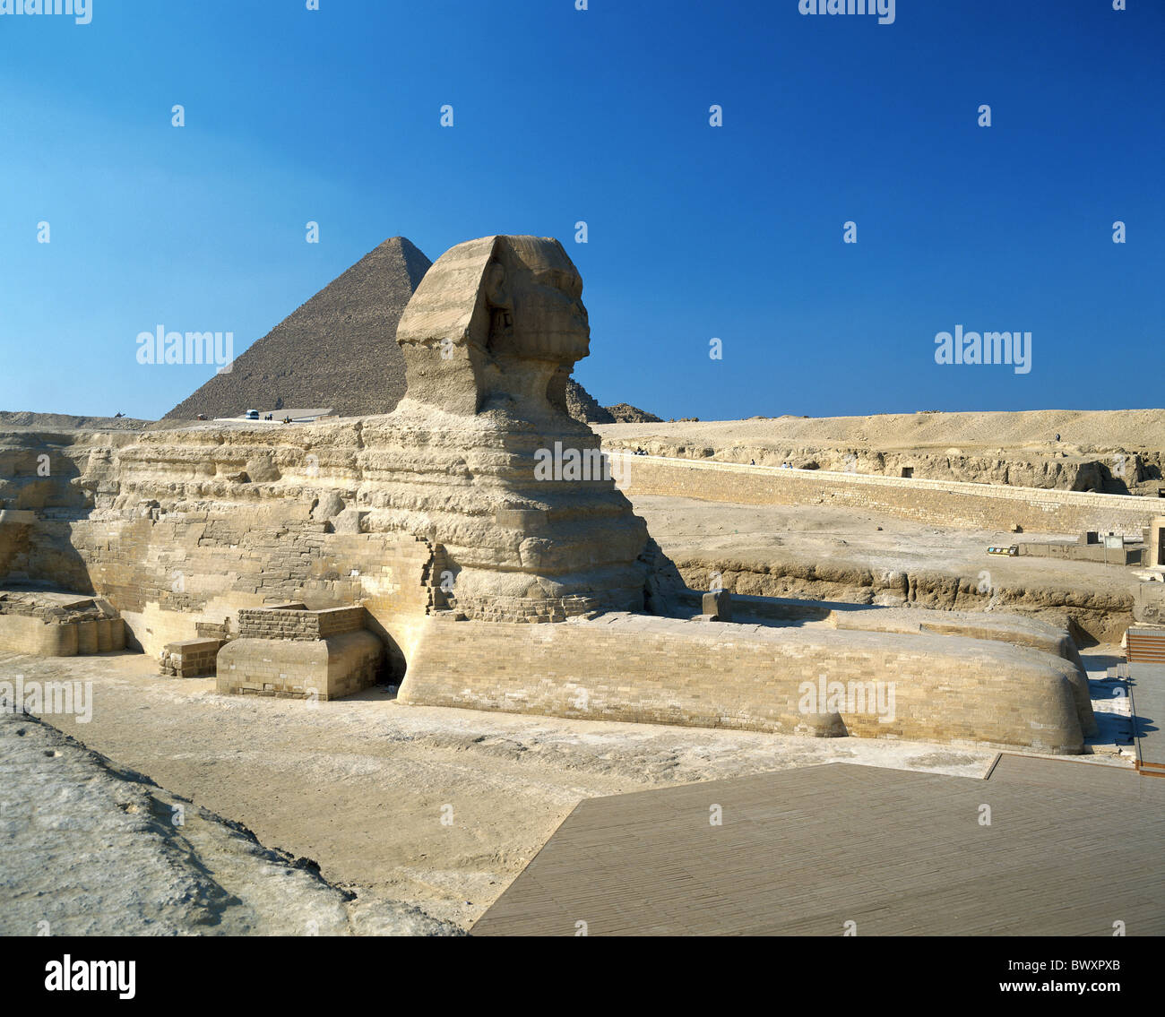 Egypt North Africa blue sky pyramid ruins at side sphinx Stock Photo ...