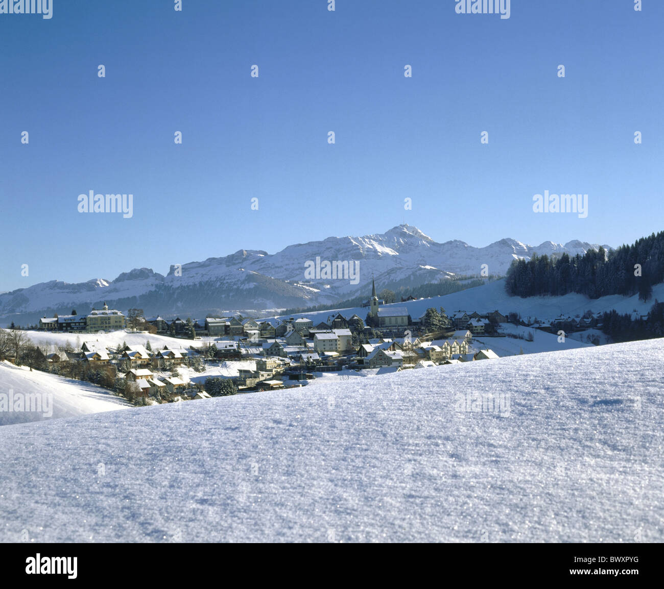 Appenzell scenery Santis snow Switzerland Europe Schwellbrunn overview ...