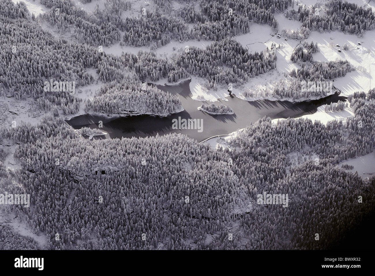 winter lake sea forest landscape aerial photo Chapfensee Switzerland ...