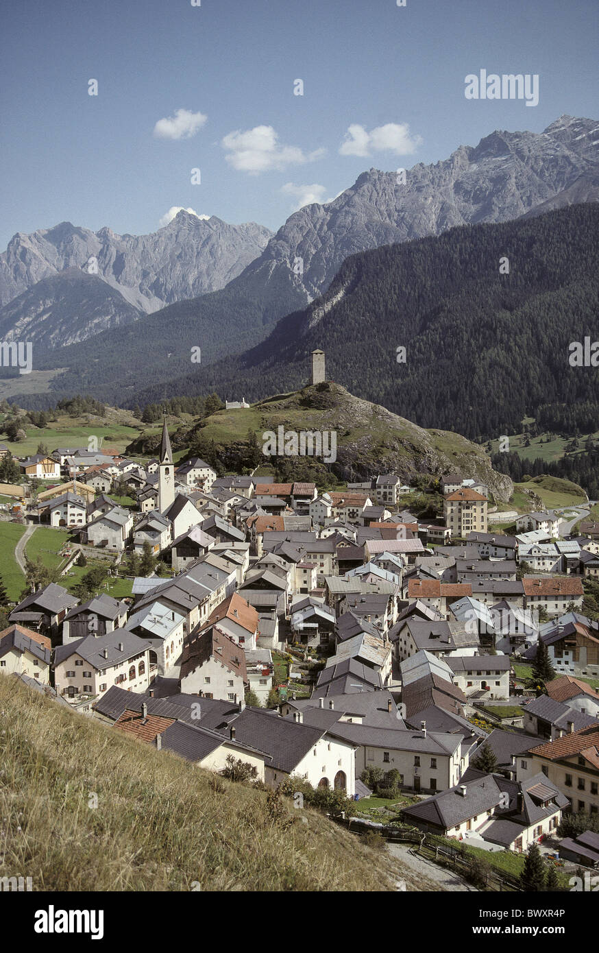 Switzerland Europe Graubunden Grisons Ardez overview mountains ...