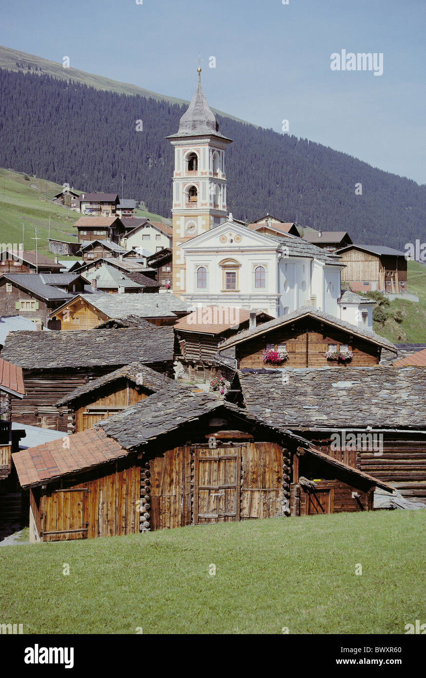 Switzerland Europe Graubunden Grisons Lugnez Vrin village core church ...