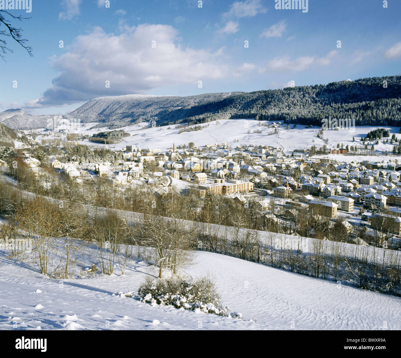 Couvet village hill canton Neuenburg Switzerland Europe overview Val de ...