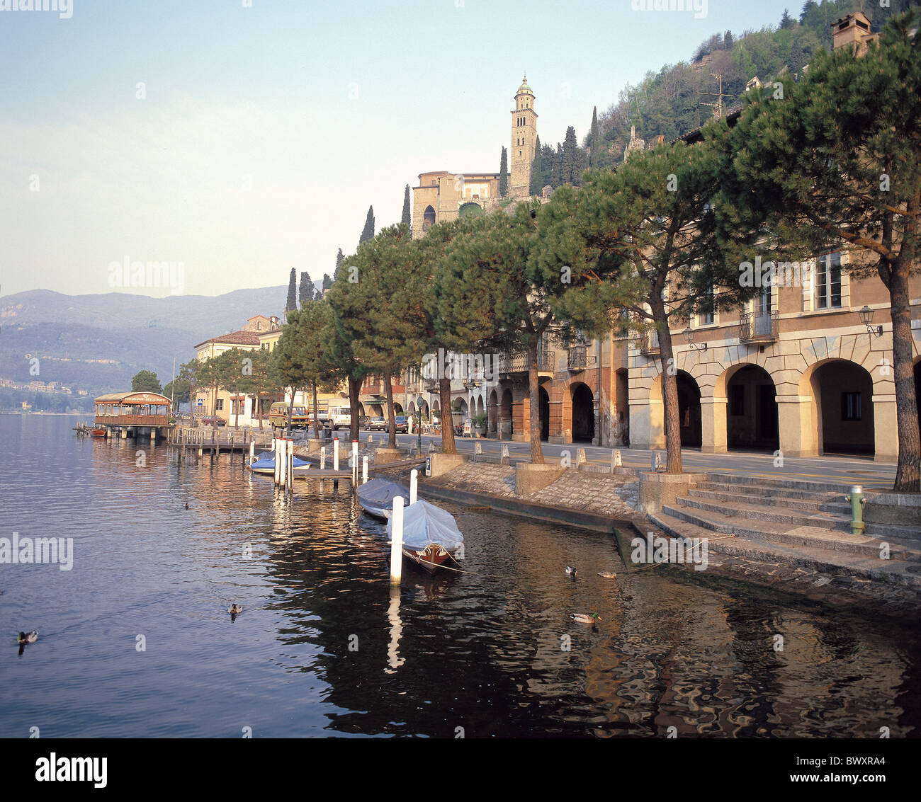 Switzerland Europe Ticino Morcote lake promenade Lago di Lugano lake ...