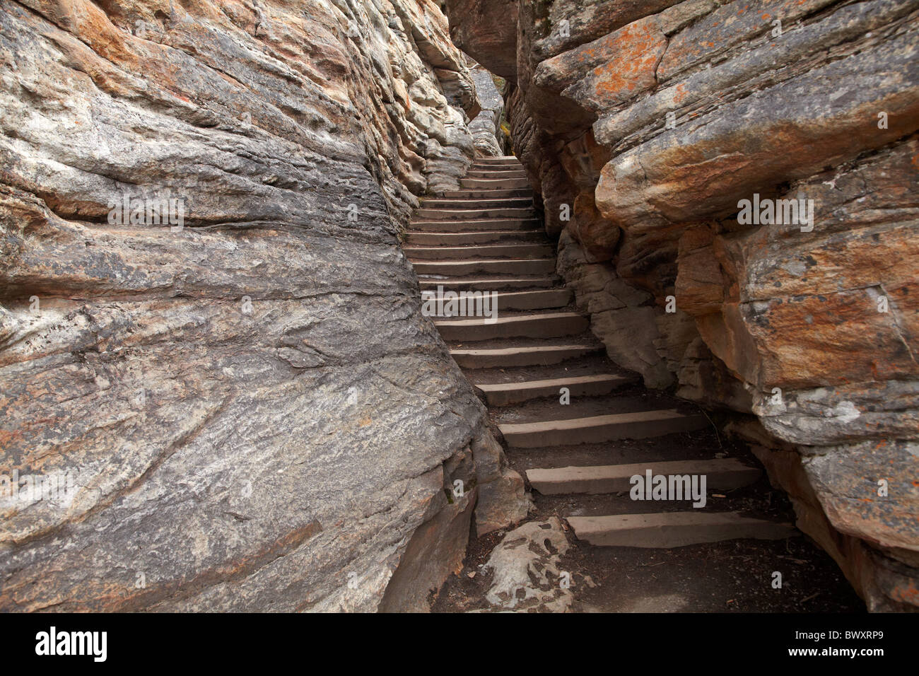 Stairs through gap eroded in limestone layers, Athabasca Falls, by ...