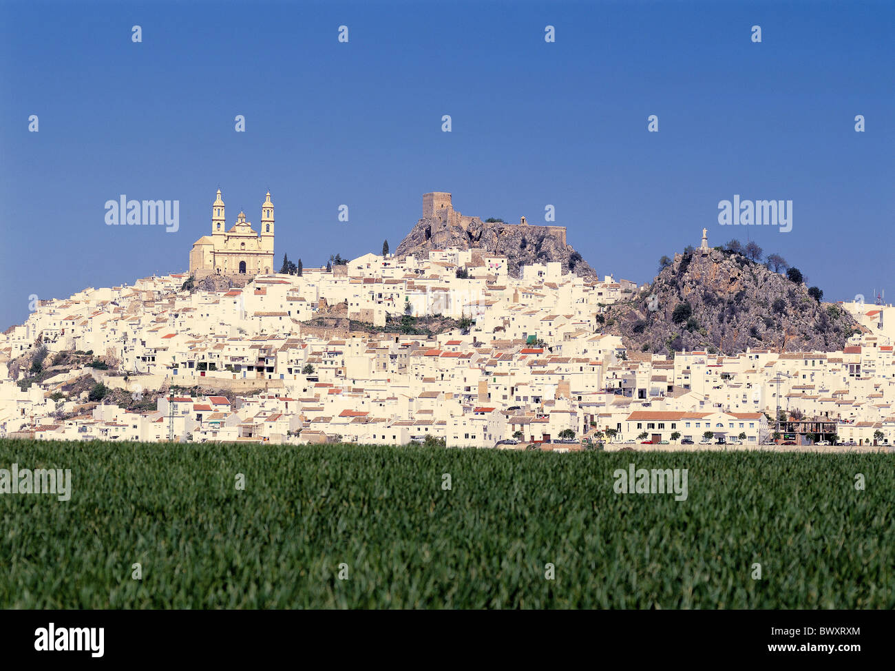Spain Europe Andalusia Olvera town city houses homes church hill castle ...