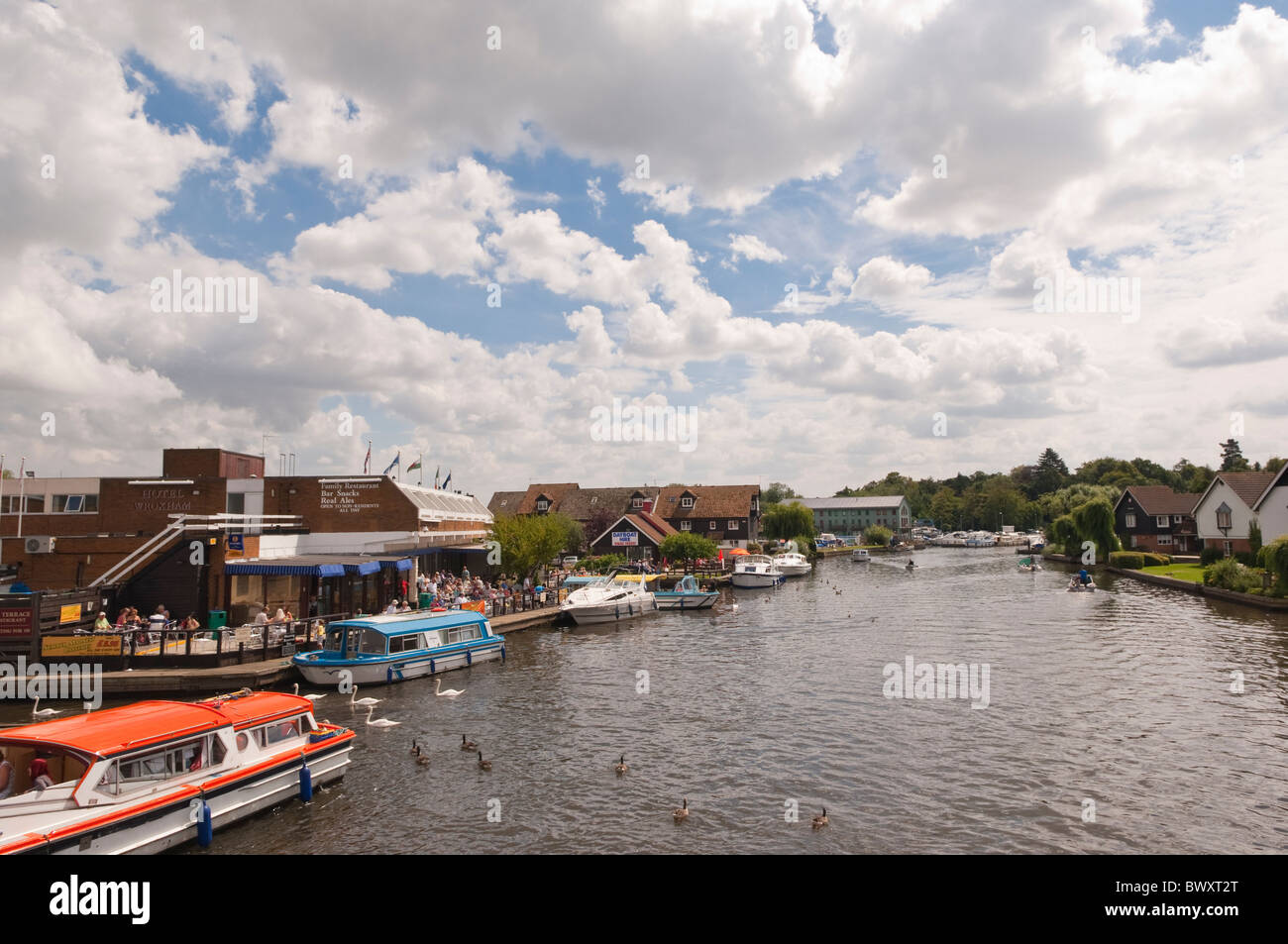 People at the Hotel Wroxham on the river Bure in Wroxham , Norfolk ...