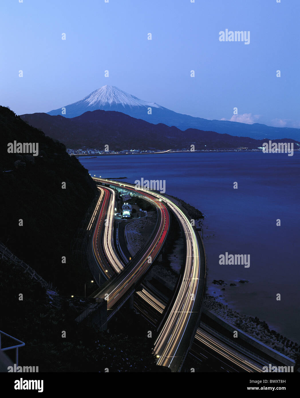 highway Fujijama Fujisan Japan Asia light queues sea at night Tomei ...