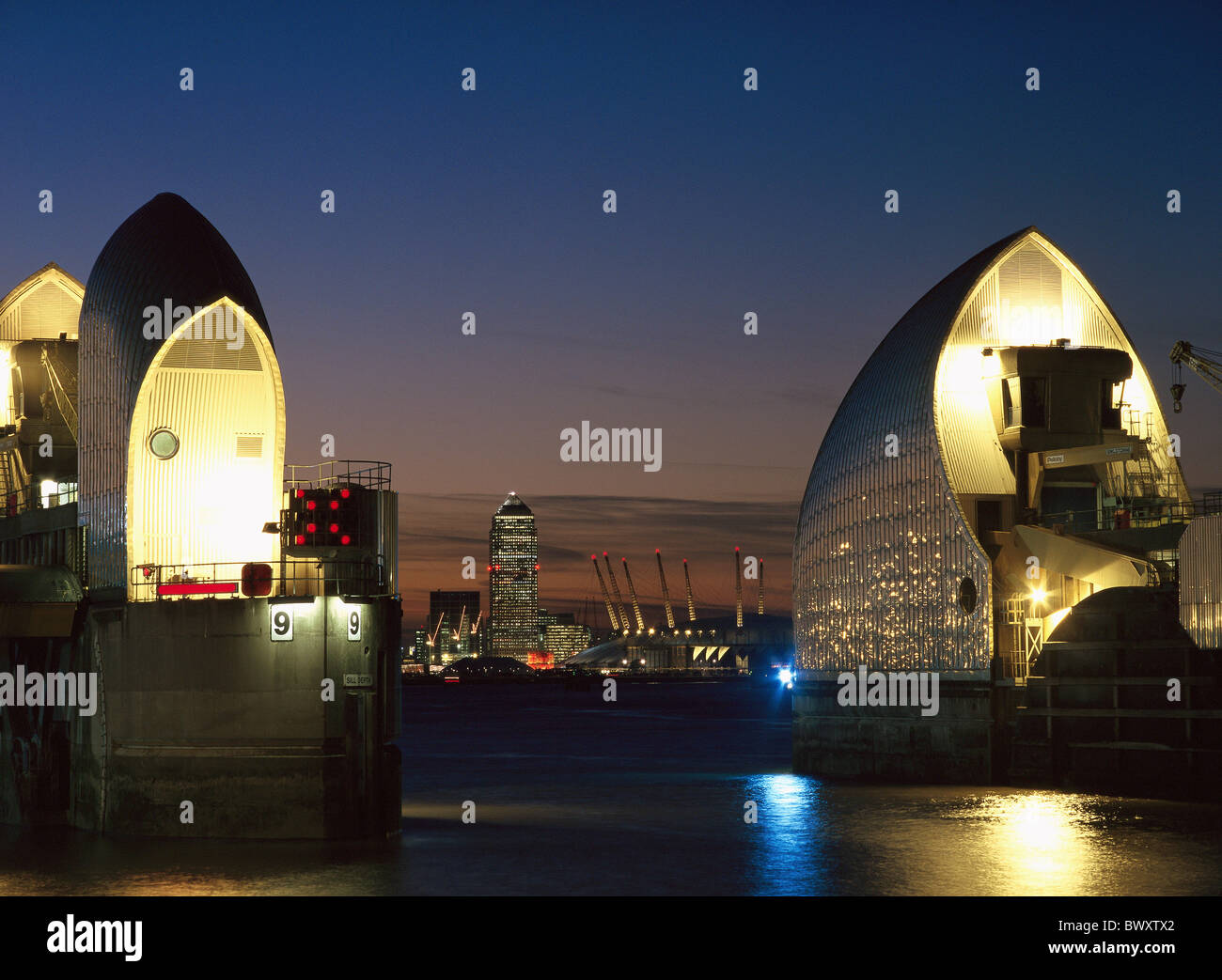 England Great Britain Europe London at night Thames Barrier shipyard ...