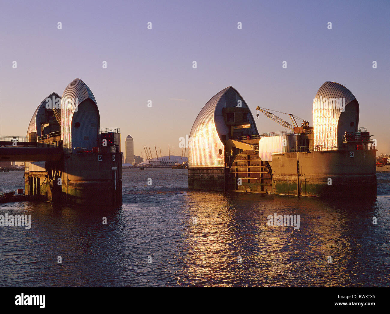 England Great Britain Europe London Thames Barrier shipyard background ...