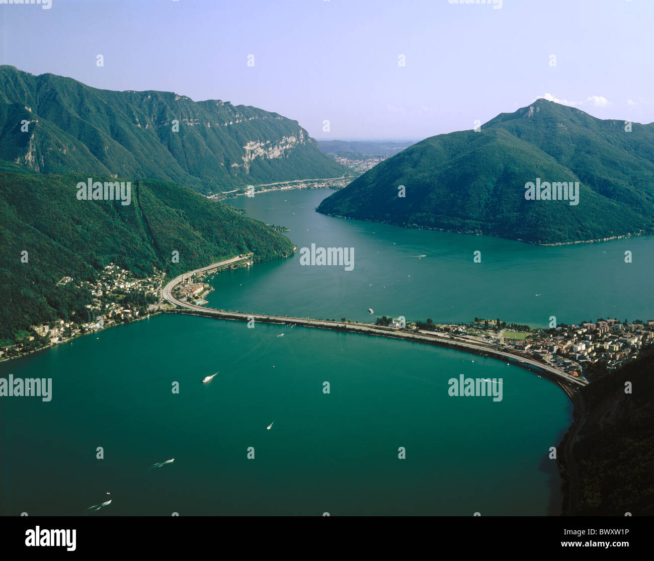 dam of Melide scenery lake Lugano lake sea Switzerland Europe Ticino ...