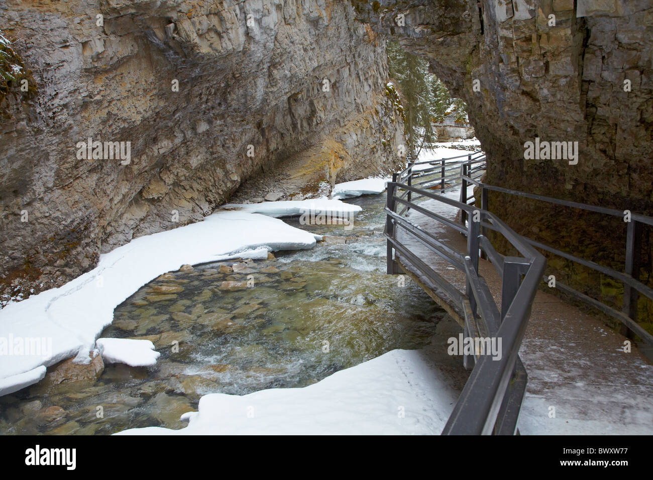 Johnston Canyon cantilevered track in winter, Banff National Park ...