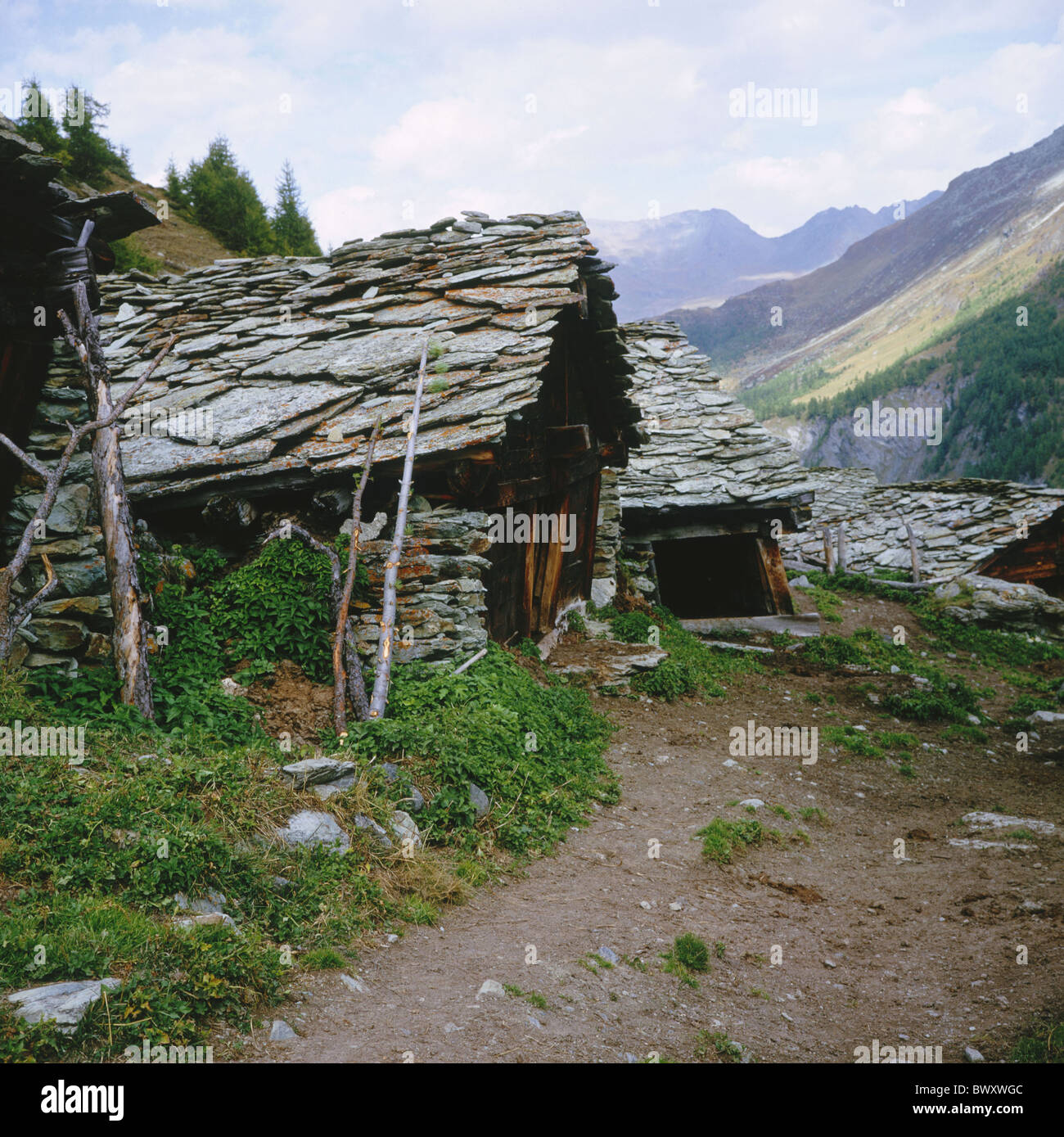 alp huts huts Maiensass skew roofs Switzerland Europe Val d'Hérens ...