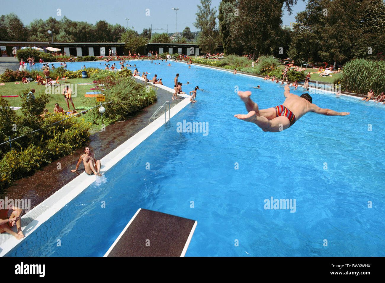 basin outdoor swimming pools pool swimming-pool springboard Stock Photo ...